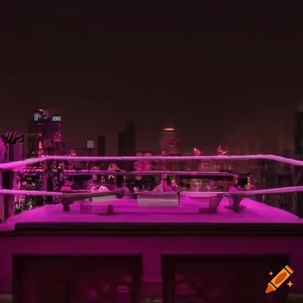 Rooftop lounge with a wrestling ring and swimming pool in a pink ...