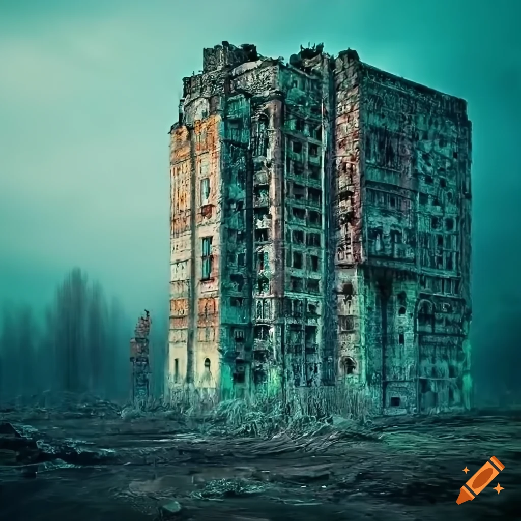 Ruined buildings in old soviet style with corrosive colors on Craiyon