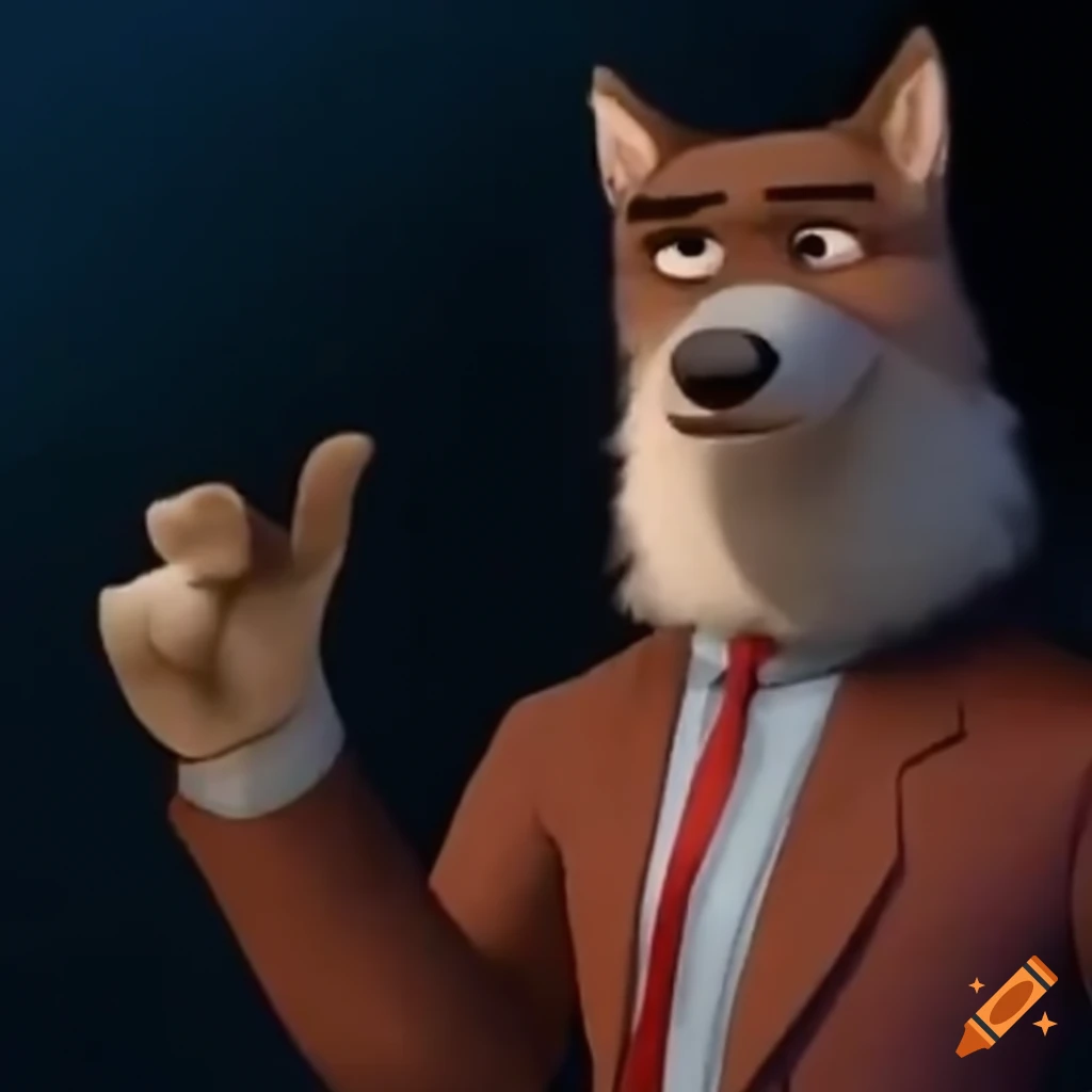 Anthropomorphic business wolf in a Pixar movie scene on Craiyon