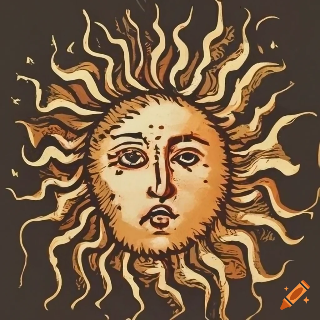 Medieval woodcut of a stern-faced sun glancing to the left on Craiyon