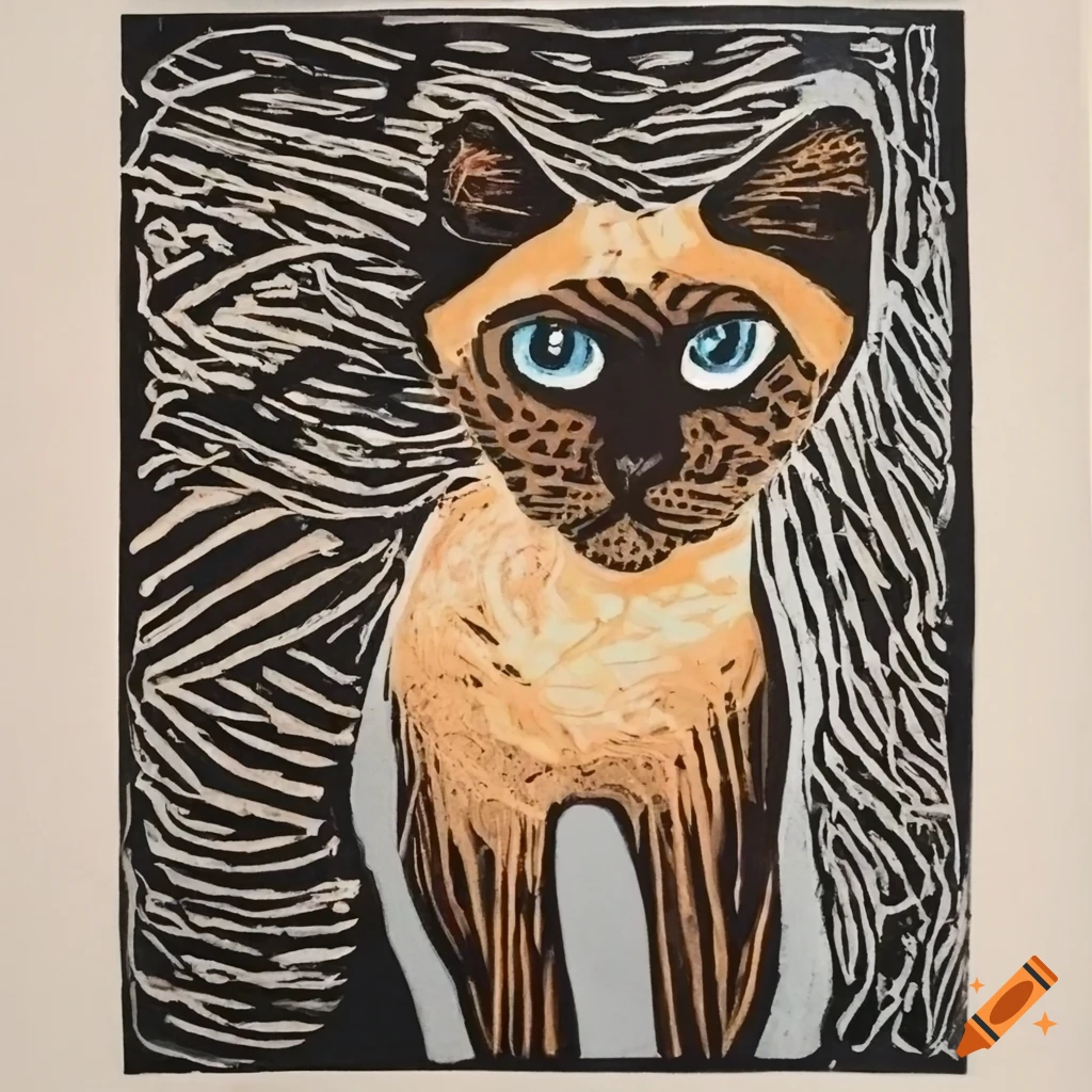 Colorful lino print of a Siamese cat and her owner in Pierre Bonnard ...