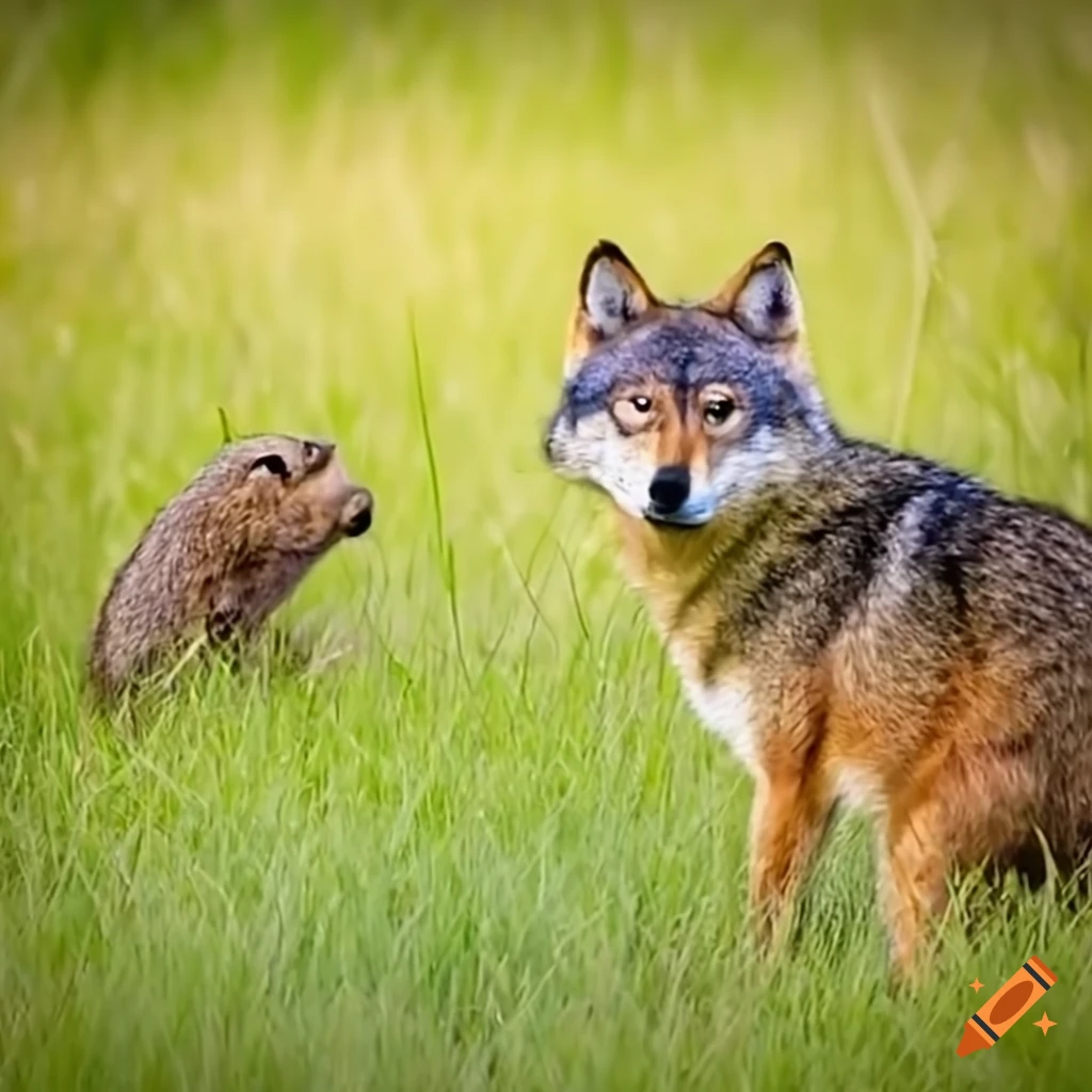 Small wolf and big gopher in the grass on Craiyon