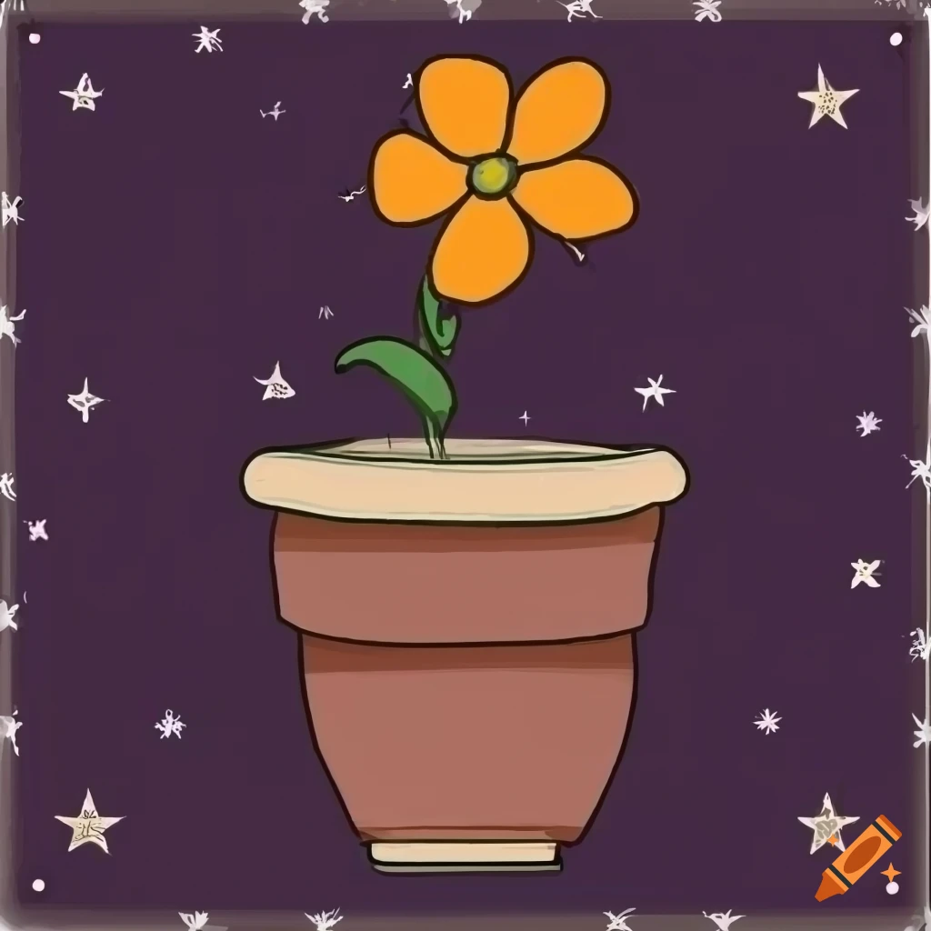 2D drawing of a flower pot with a flower on dark background with stars ...