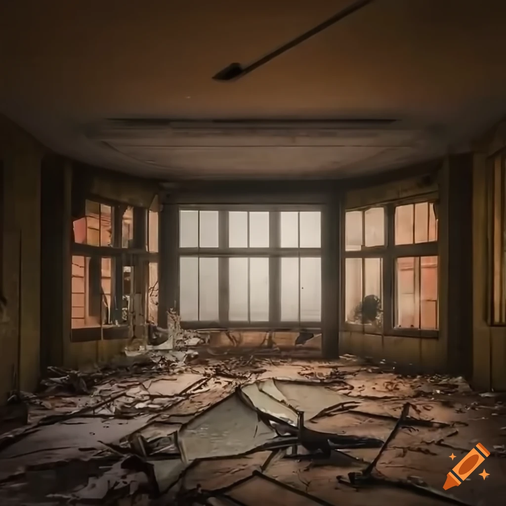 Abandoned office with broken tinted glass windows in golden fog on Craiyon