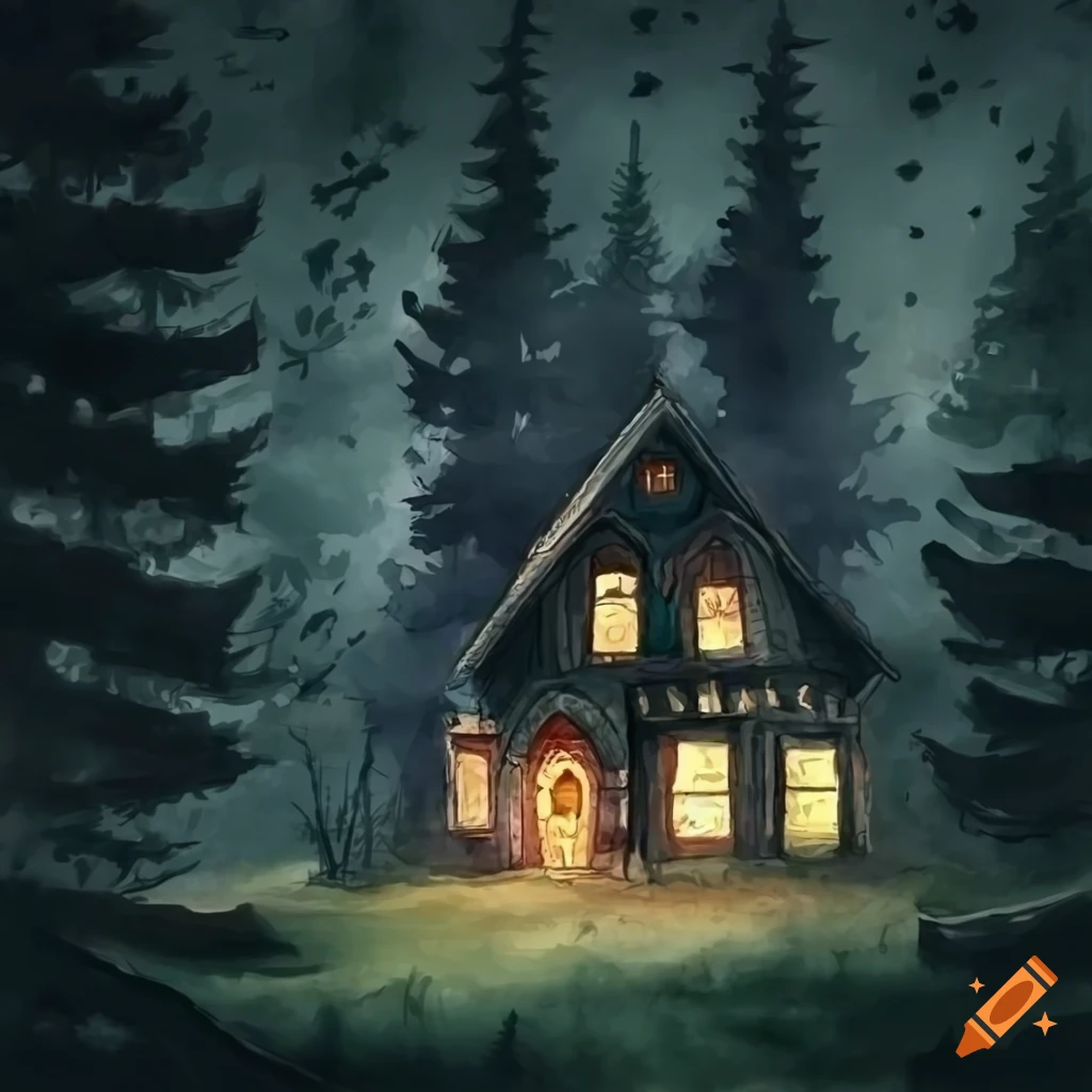 Dark fantasy house at night surrounded by pine trees on Craiyon