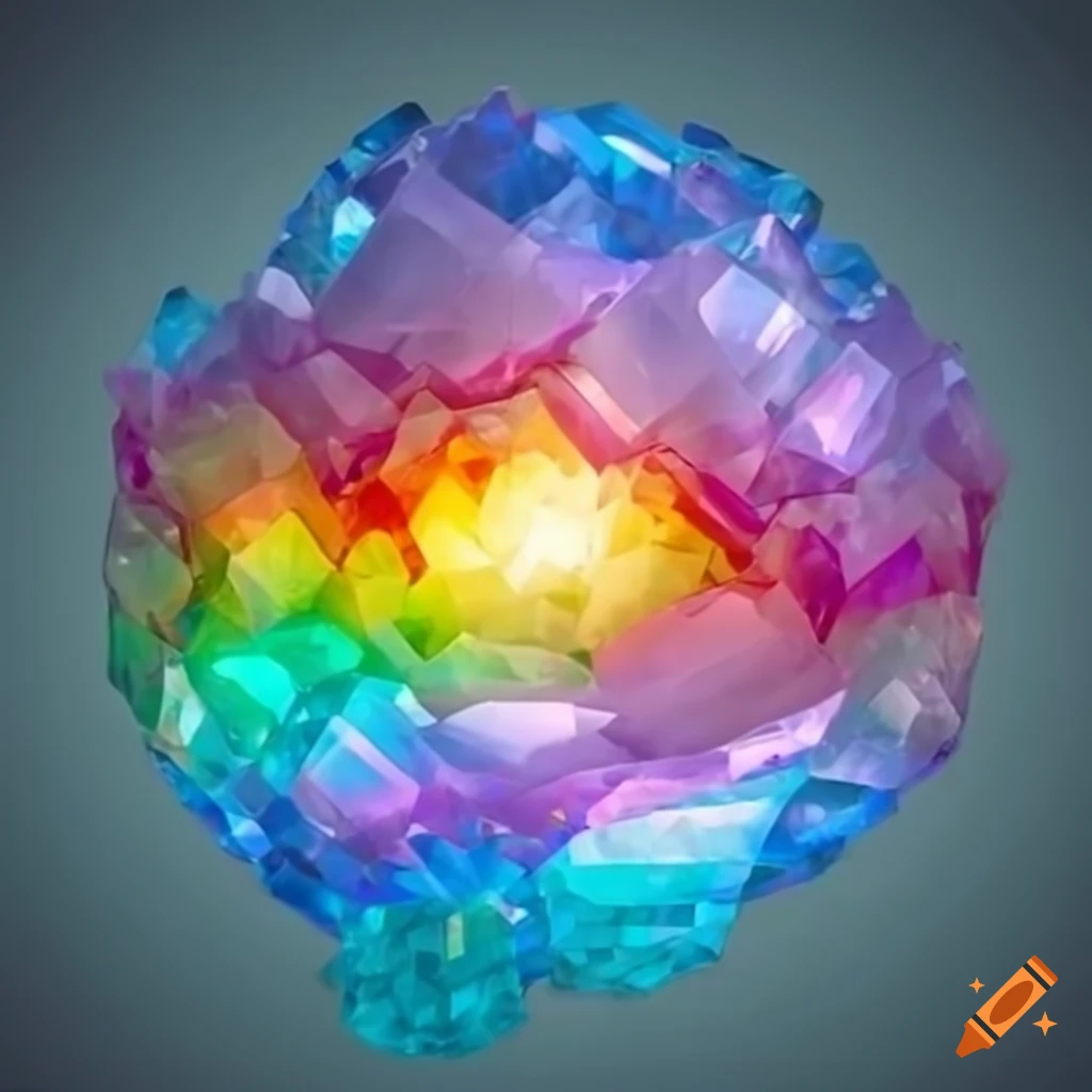 Landscape of rainbow colored transparent shiny crystals on Craiyon