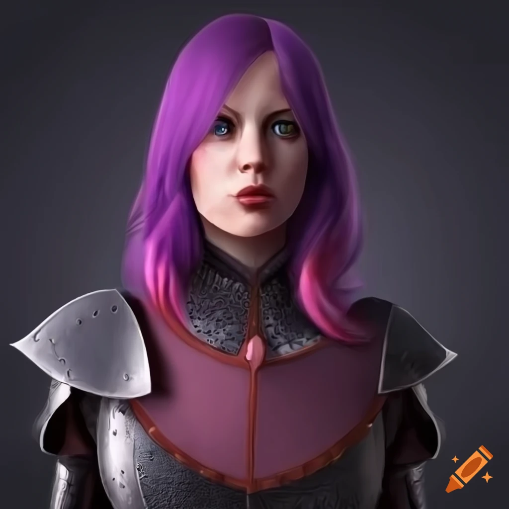 Stylized medieval female knight with powerful pose and reddish purple ...