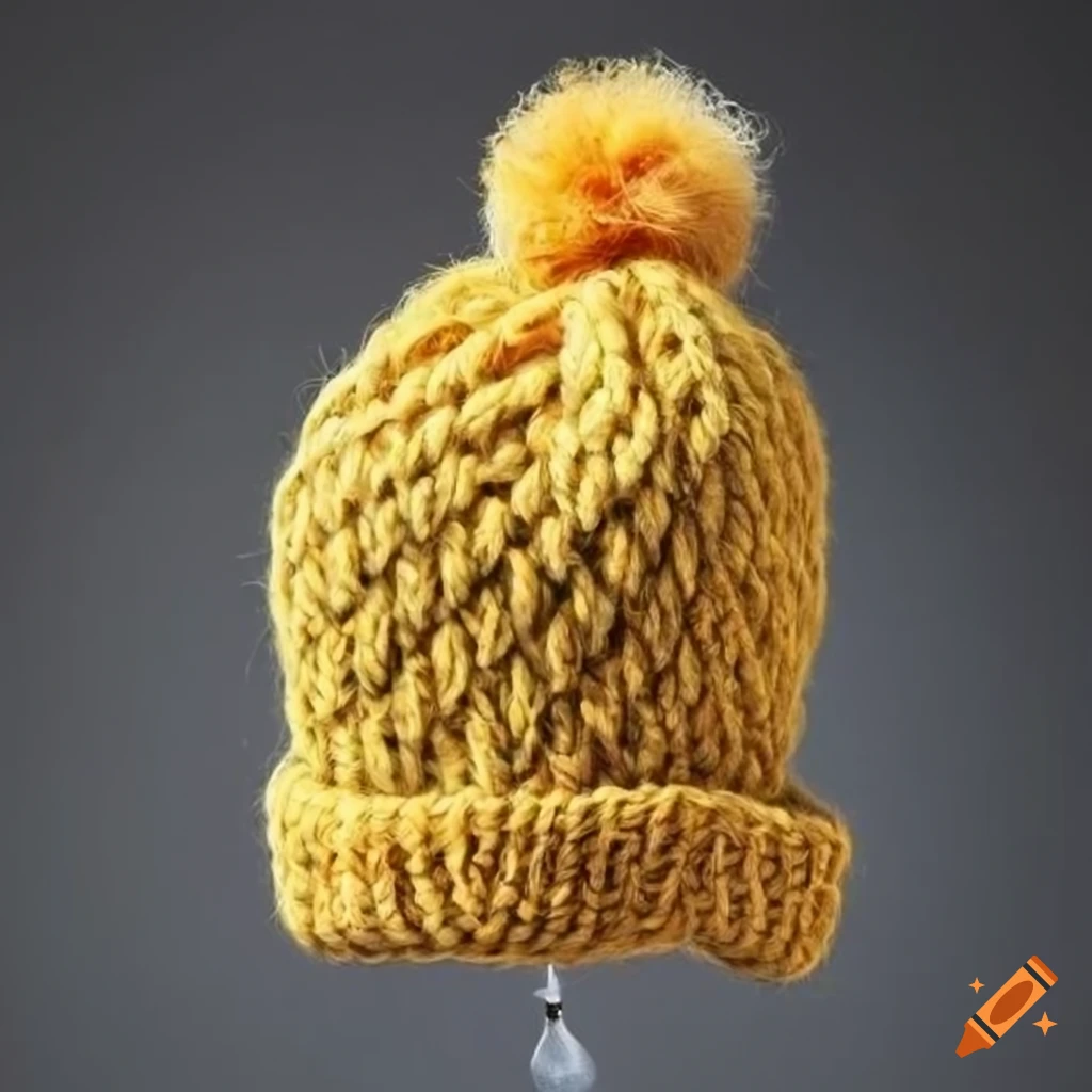 Yellow knitted tuque or chullo with up-turned earflaps and pom-pom on ...
