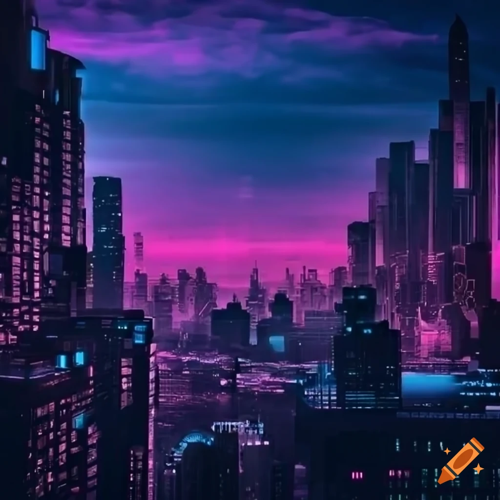 Futuristic cyber city with neon lights under a dark sky and moon on Craiyon