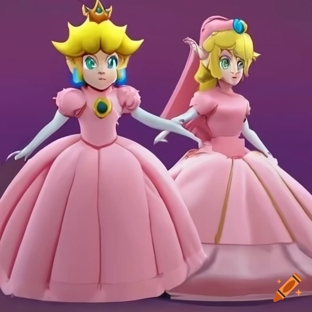 Princess Peach and Link posing in pink silk ballgowns on Craiyon