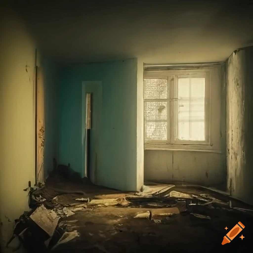 Abandoned flooded basement room with peeling pastel paint and narrow ...