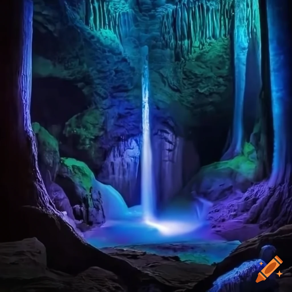 Surreal underground cavern with glowing crystals and magical waterfall ...