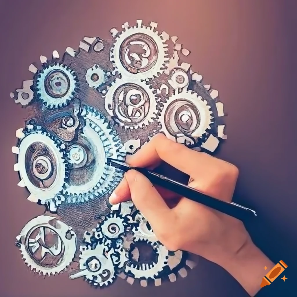Hand writing on a notebook with images of gears from a top view on Craiyon