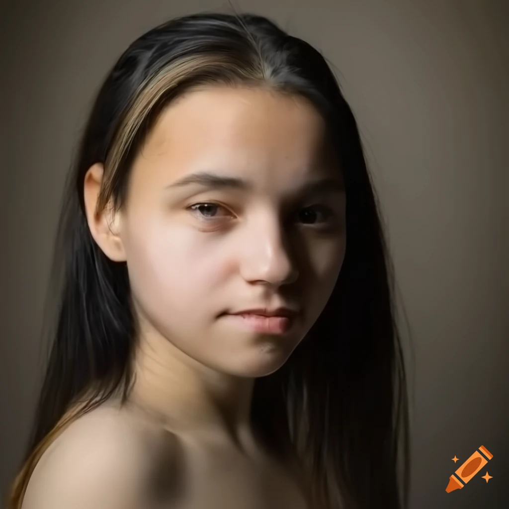 Portrait of a 15 year old woman with sultry look and detailed textures ...