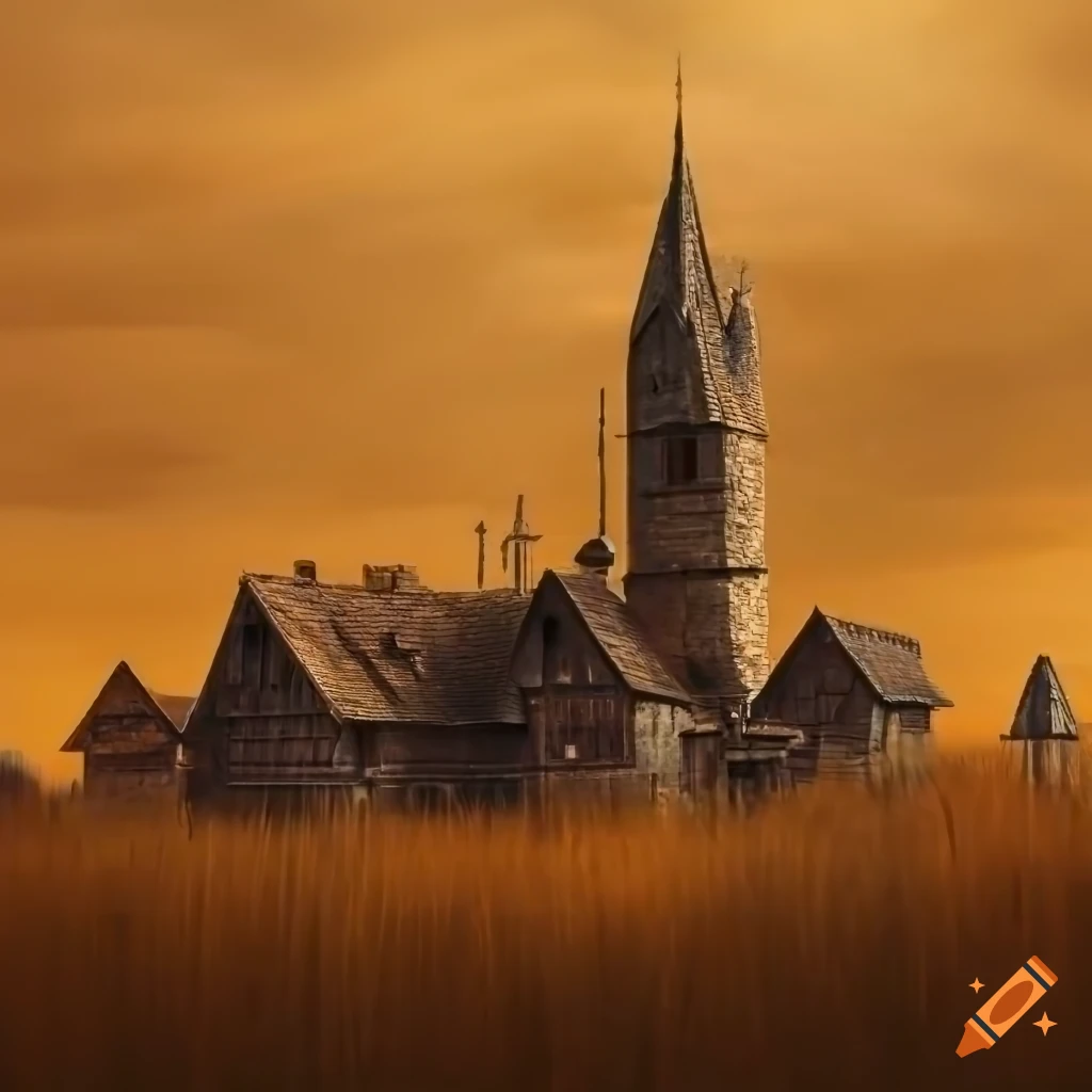 Aerial view of a medieval town with wooden houses in a dry grass field ...