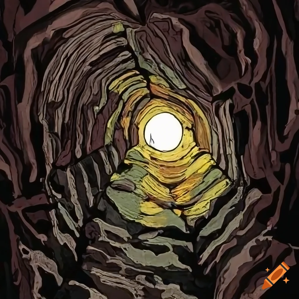 Upward view from the bottom of a cave vertical well with sky and ...