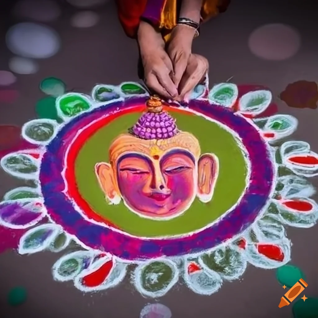Person drawing a rangoli of a realistic portrait face of Buddha on Craiyon