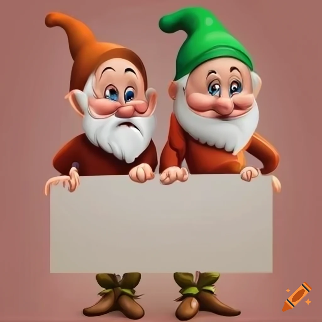 Two cartoon dwarfs holding a banner with inscription on Craiyon
