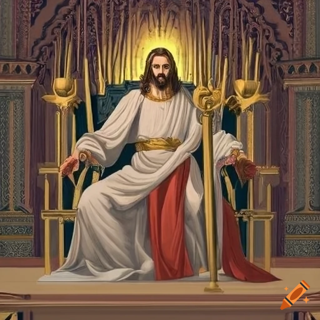 Serene depiction of Jesus Christ seated on throne holding a scepter in ...