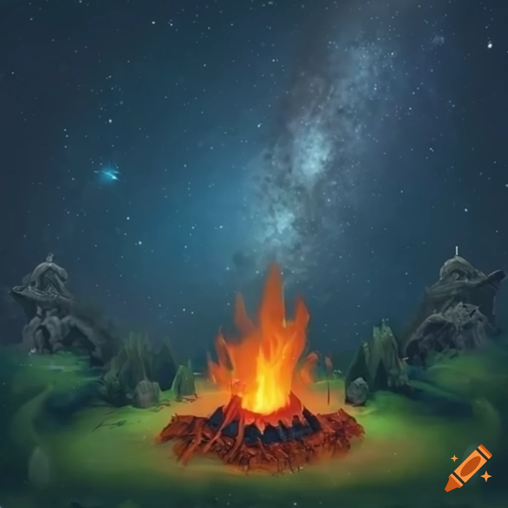 Dnd fantasy bonfire in nature under the stars with planets on Craiyon