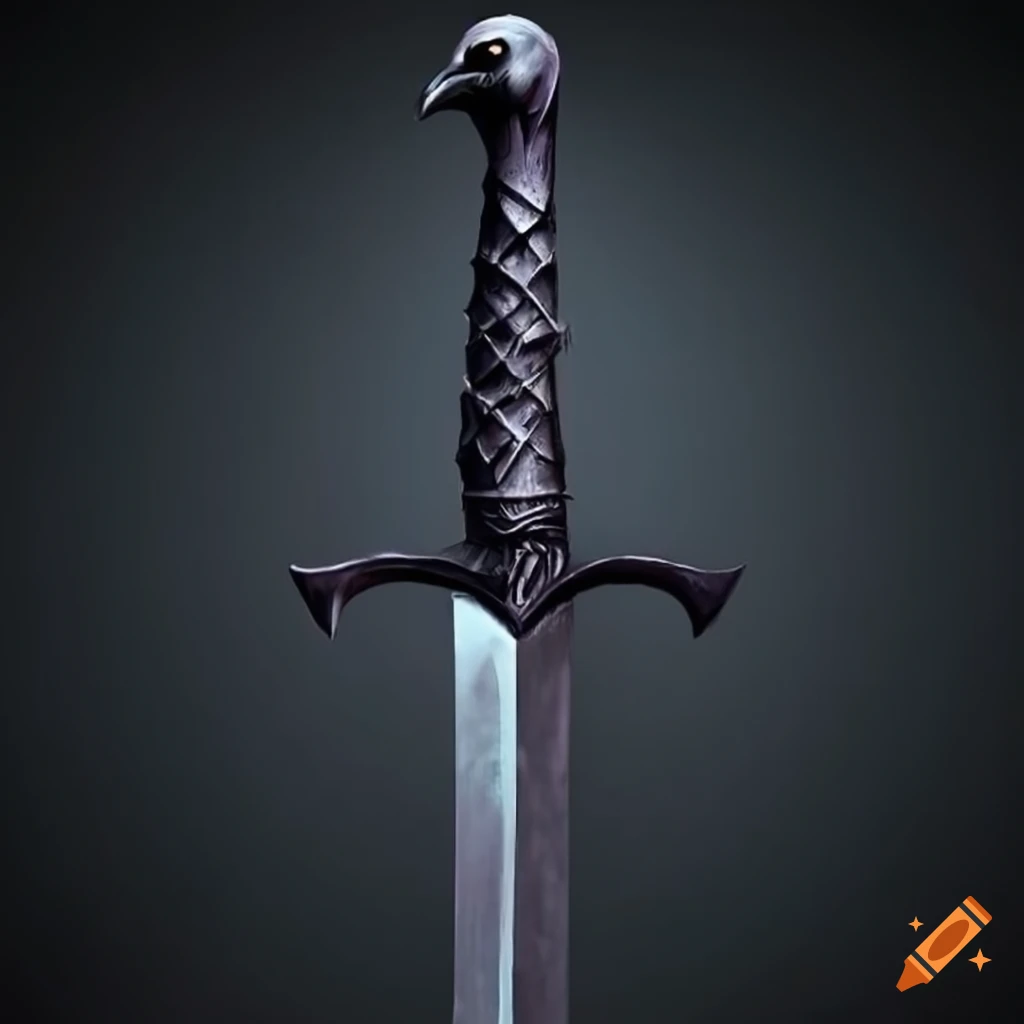 Sleek dark sword with raven's head markings on Craiyon