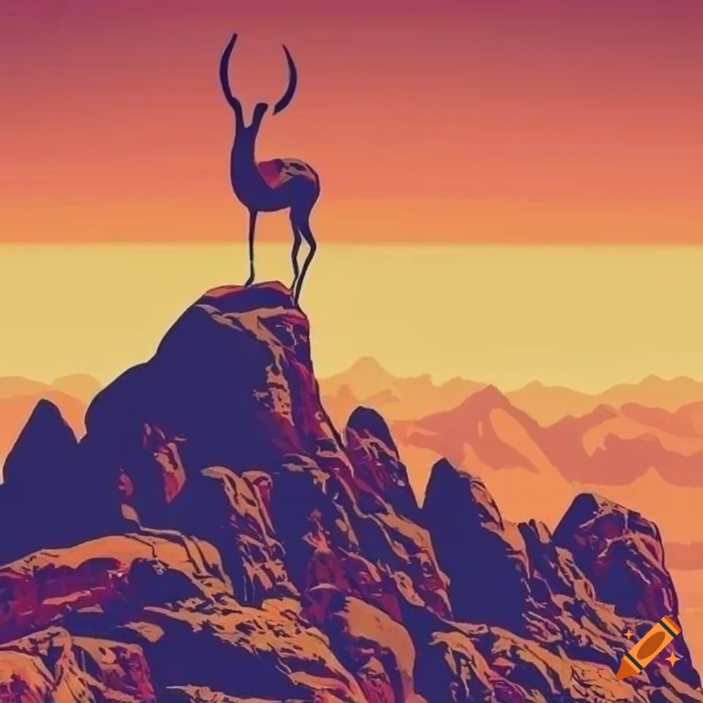 Elegant Springbok standing on a rocky African mountain peak in retro ...