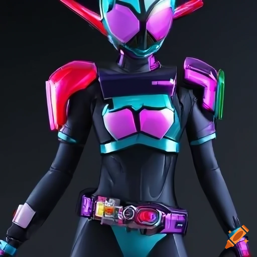 Photorealistic female kamen rider in symmetrical pose on Craiyon