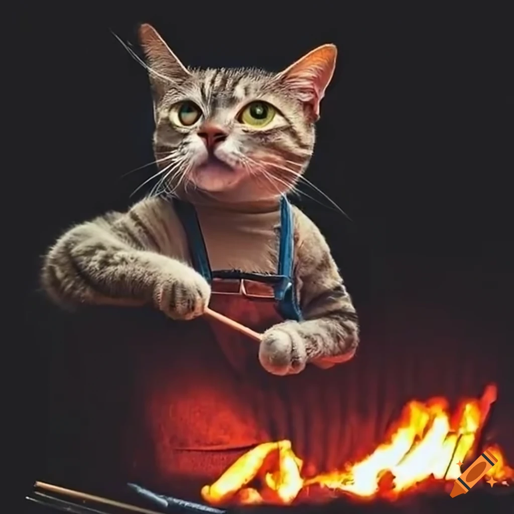 Funny cat in overalls eating barbecue on Craiyon