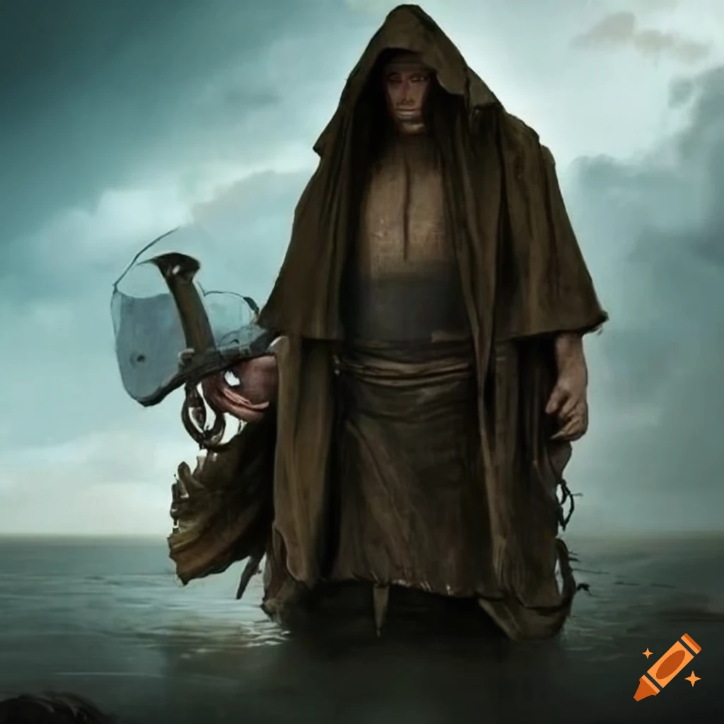 Giant fisherman with torn cloak and anchor weapon on Craiyon