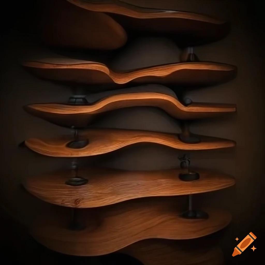 Wooden shelves with futuristic organic design resembling an alien tree ...