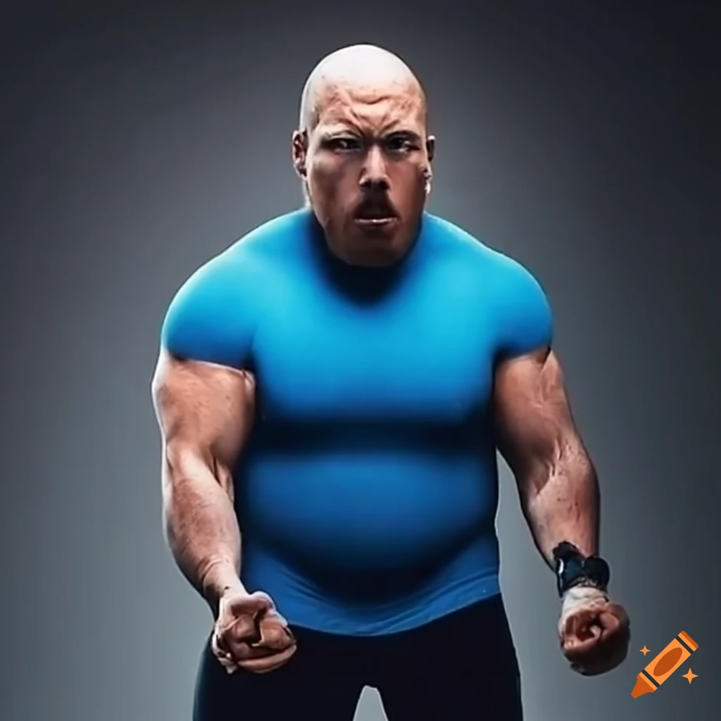 Bald strongman in a blue singlet on Craiyon
