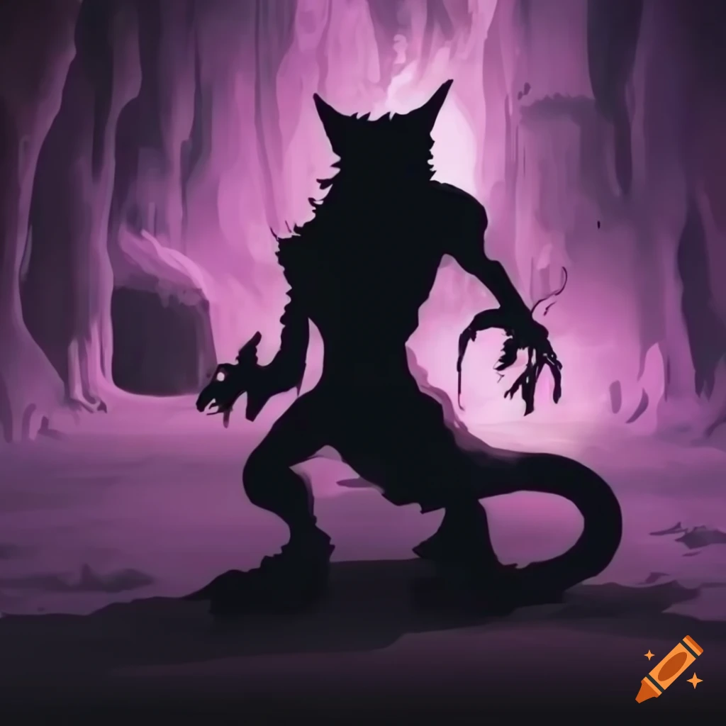 Silhouette of an evil kobold in deep foreboding abyssal caverns on Craiyon