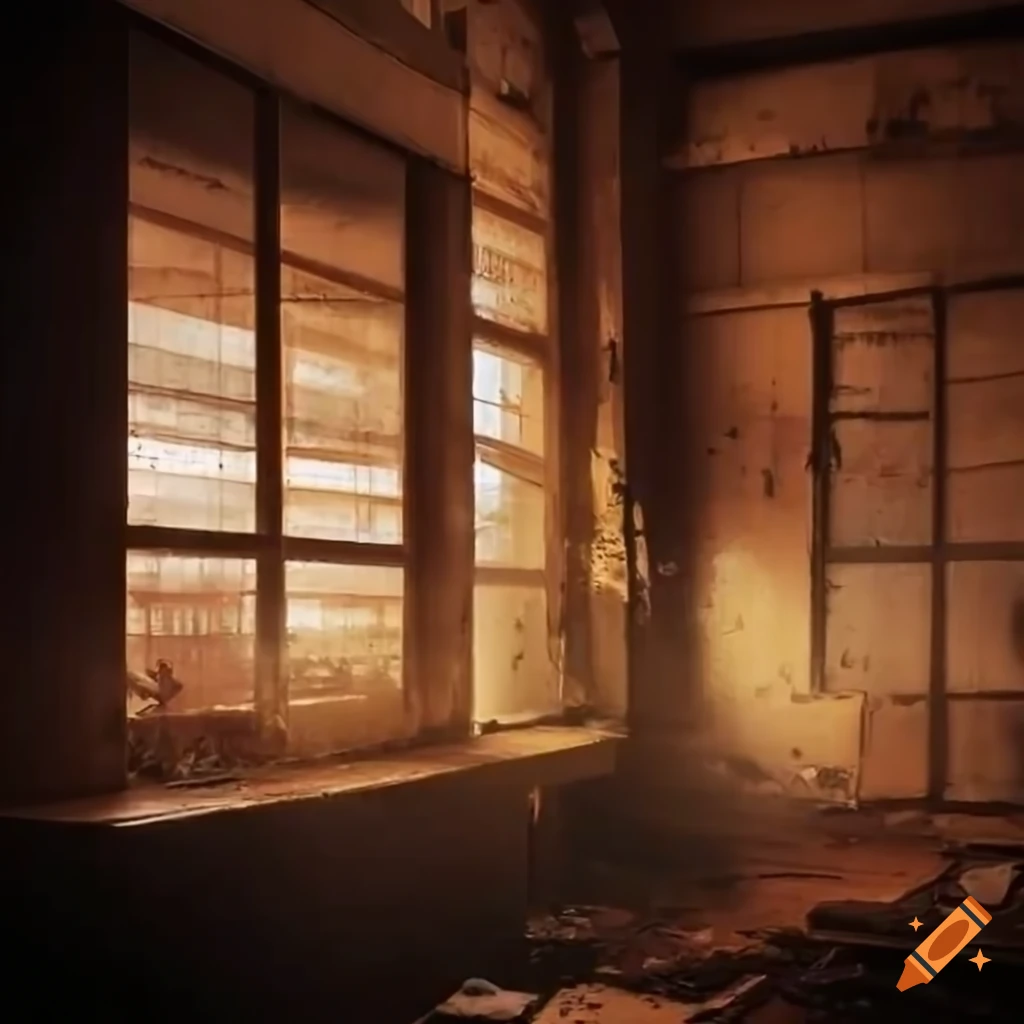 Abandoned sunny office with stacks of boxes and broken tinted glass ...