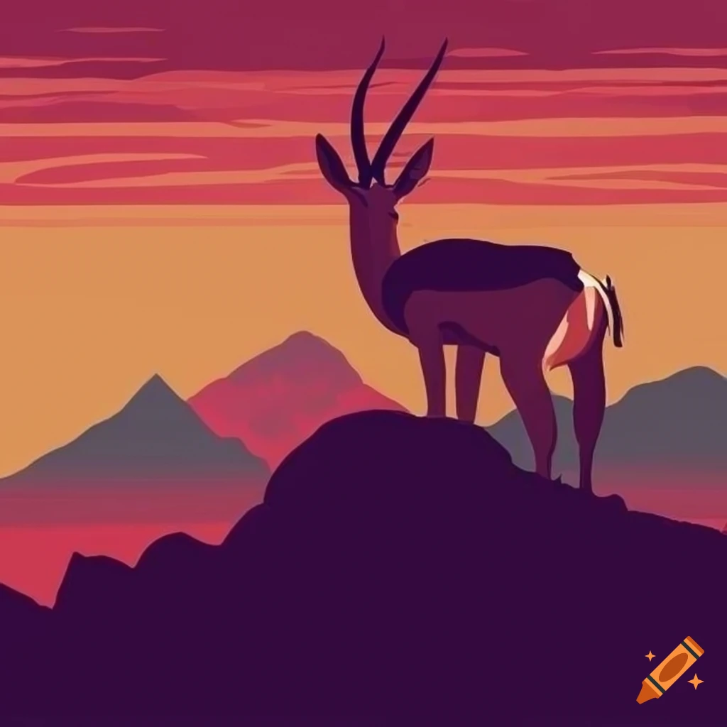 Elegant Springbok standing on a rocky African mountain peak in retro ...