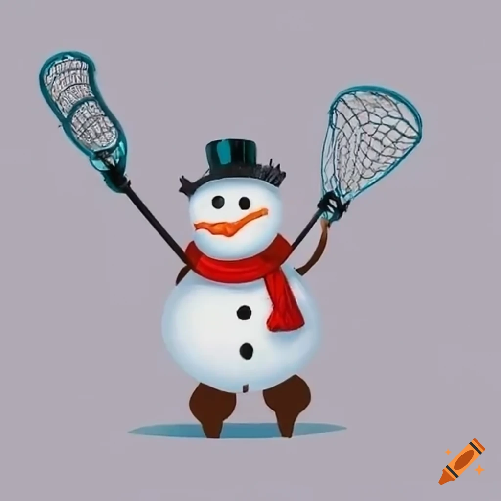 Snowman with lacrosse stick in front of goal on Craiyon