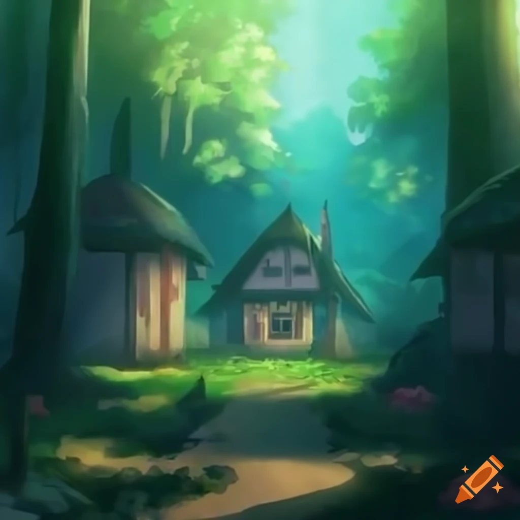 Anime village in naruto style nestled in sunny forest woods on Craiyon
