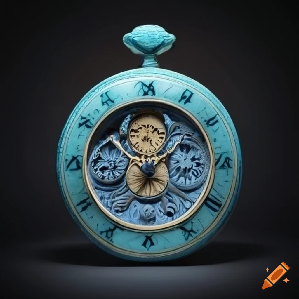 Intricately carved ancient-looking timepiece with light blue casing and ...