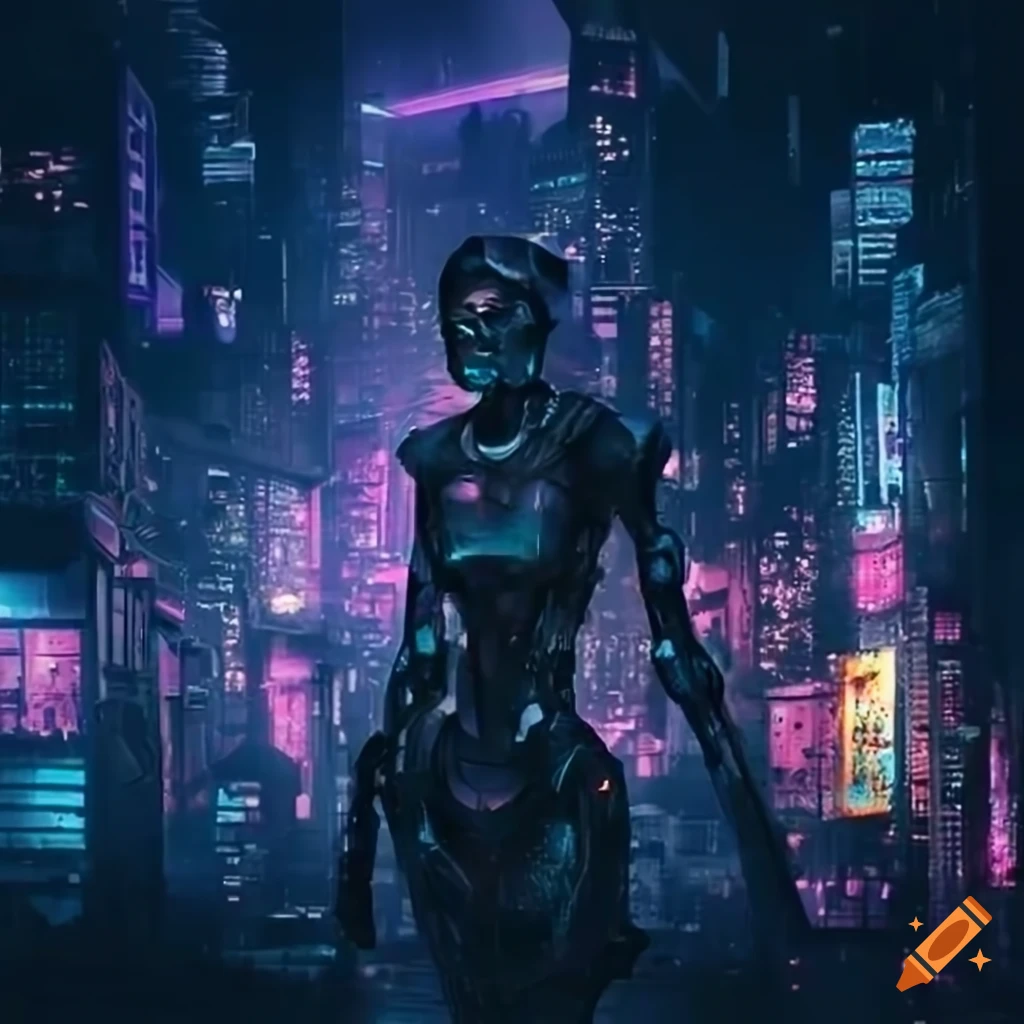 Cityscape with biopunk elements featuring neon-lit streets and cyborg ...
