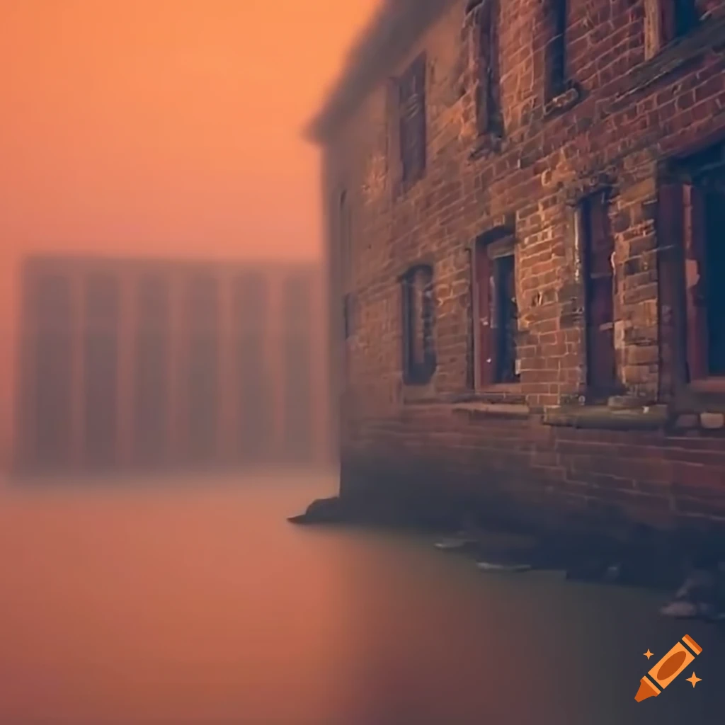 Close-up view of crumbling brick buildings sinking into ocean in an ...