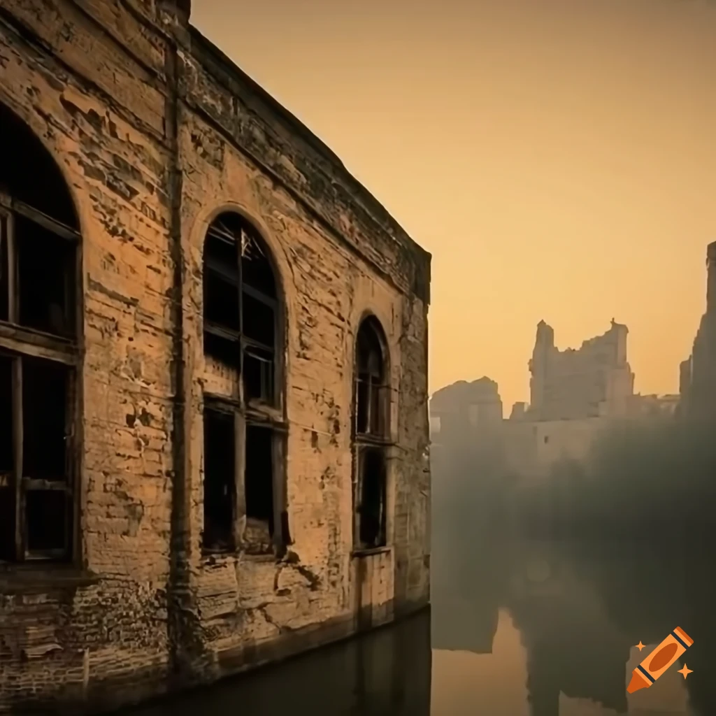 Abandoned brick and sandstone buildings sinking into water in thick fog ...
