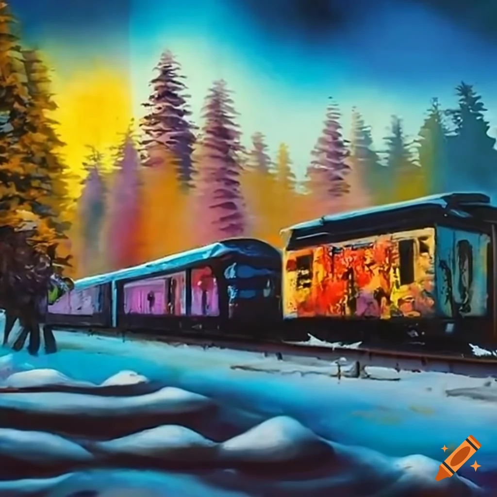 Bob Ross painting of a graffitied train car on Craiyon