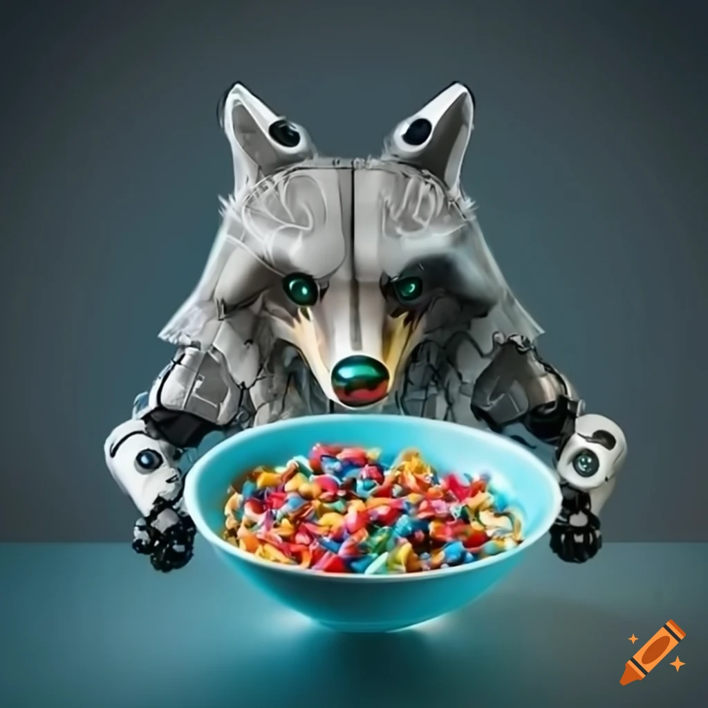 Robotic cyborg racoon eating colored cereal from a bowl on Craiyon
