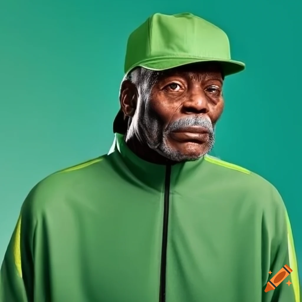 Older light-skinned black man in a green cap and track suit on Craiyon