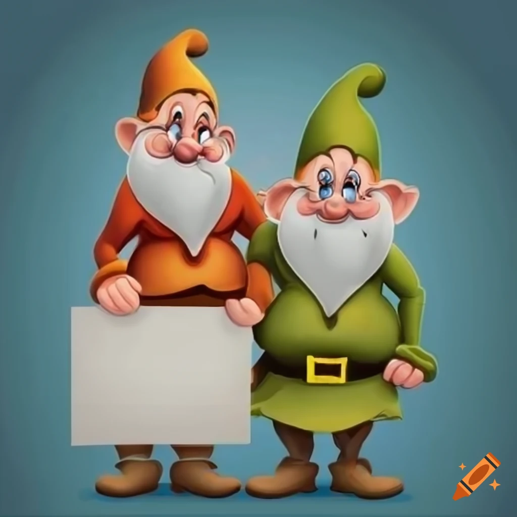 Cartoon image of two dwarfs holding a banner with inscription on Craiyon
