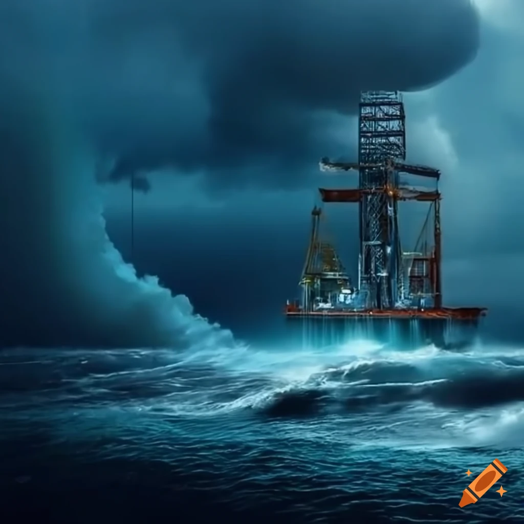 Futuristic oil rig in the midst of a stormy ocean on Craiyon