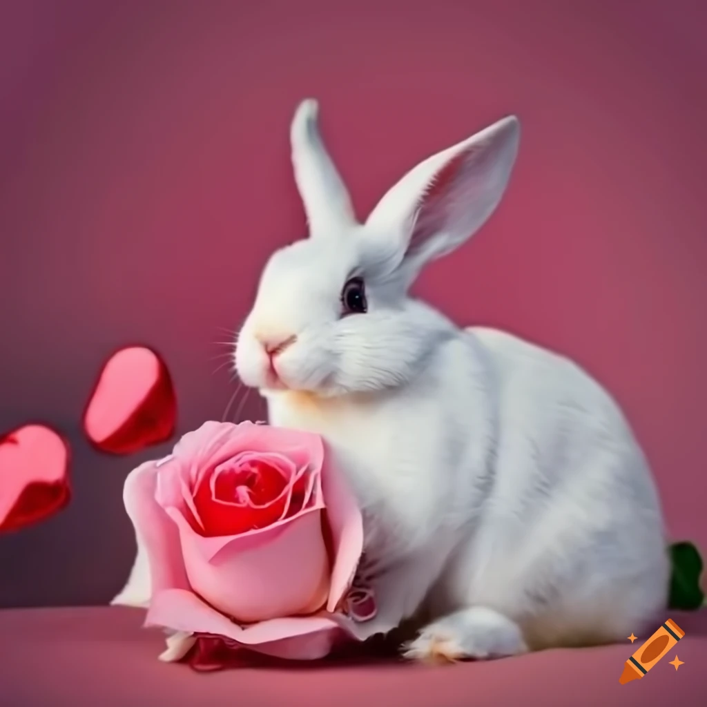 Valentine's rabbit surrounded by roses and hearts on white background ...