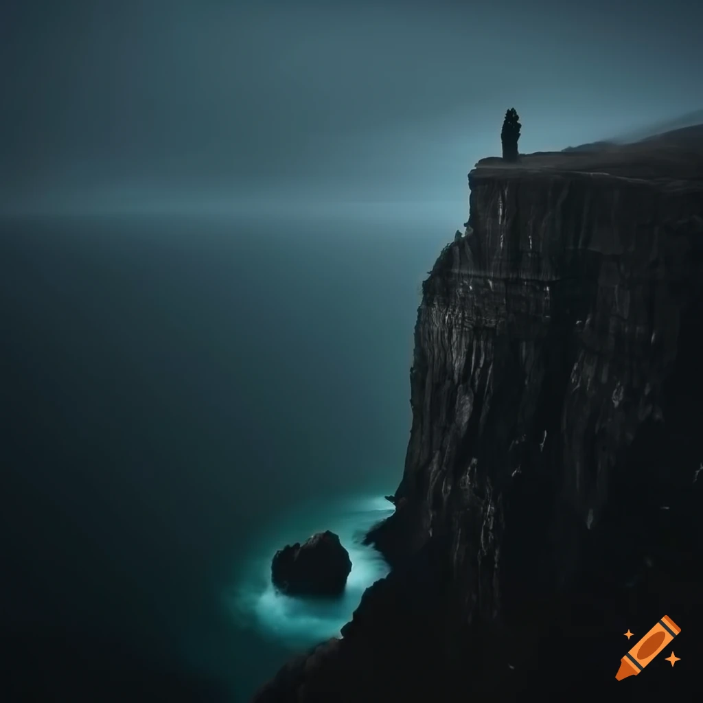 Stunning view of a rugged cliffside overlooking the dark abyss on Craiyon