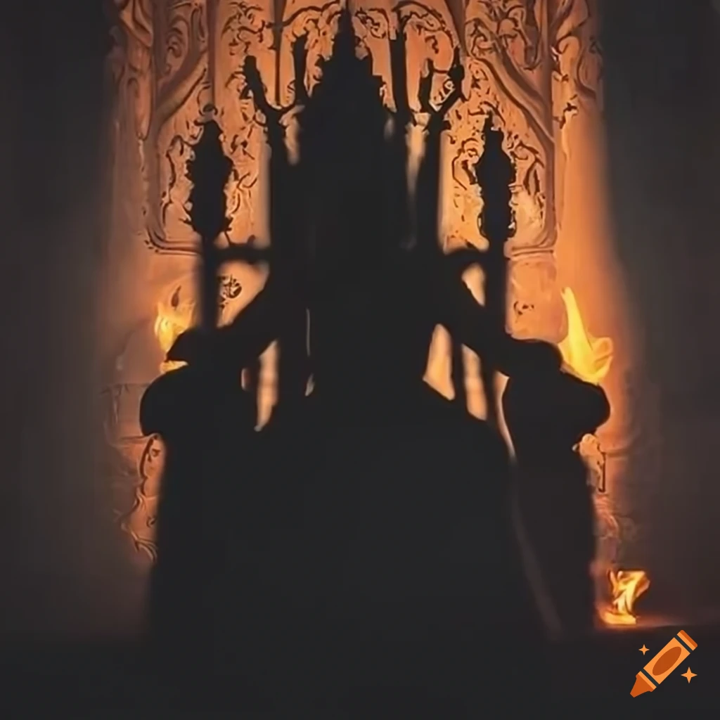 Shadow sitting on a throne with a burning kingdom behind on Craiyon