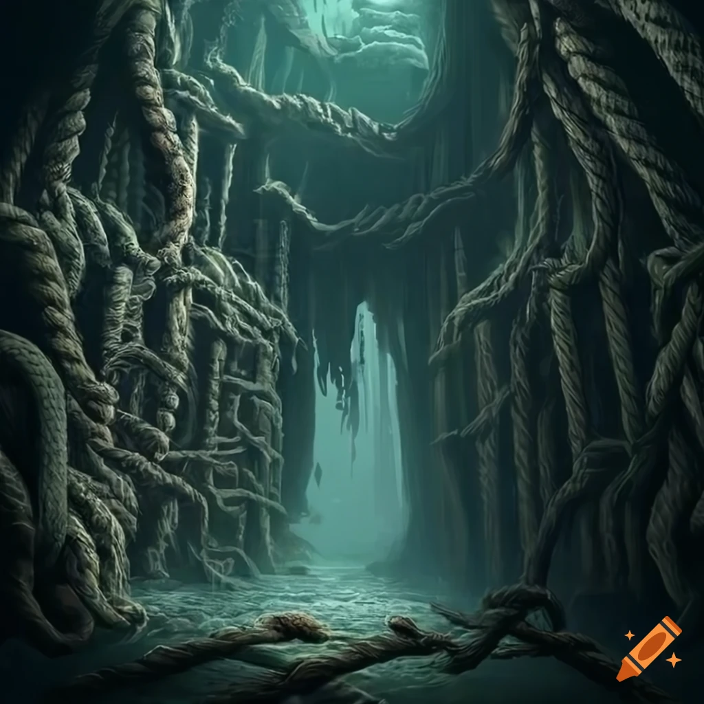 Enormous chasm with ropes hanging on the walls in a dark underground ...