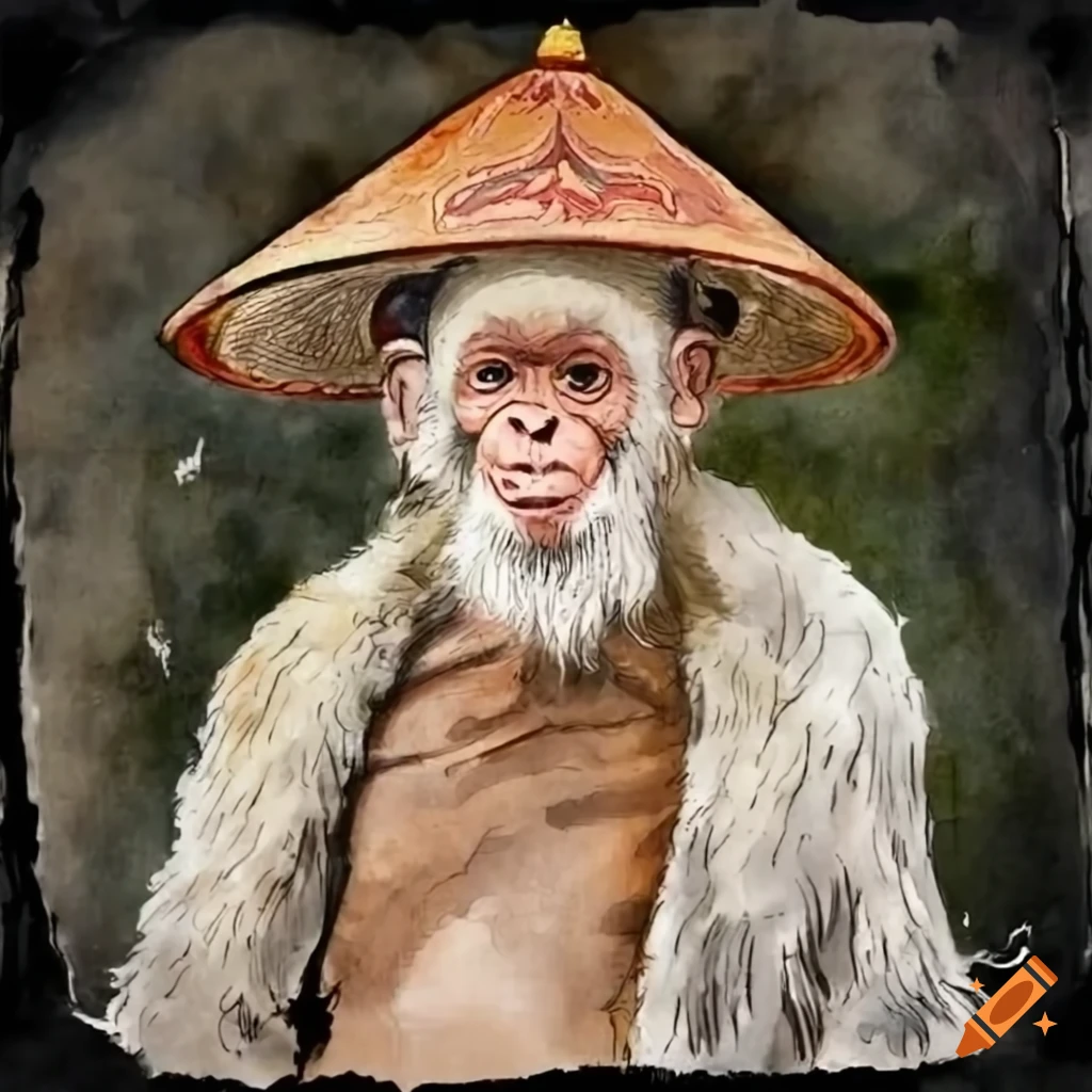 Elderly man resembling the missing link wearing a traditional Chinese ...